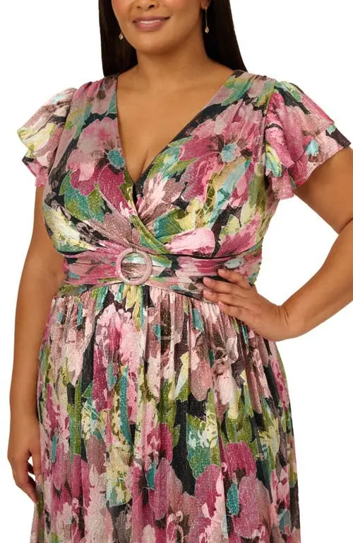 Adrianna Papell Metallic Floral Maxi Cocktail Dress