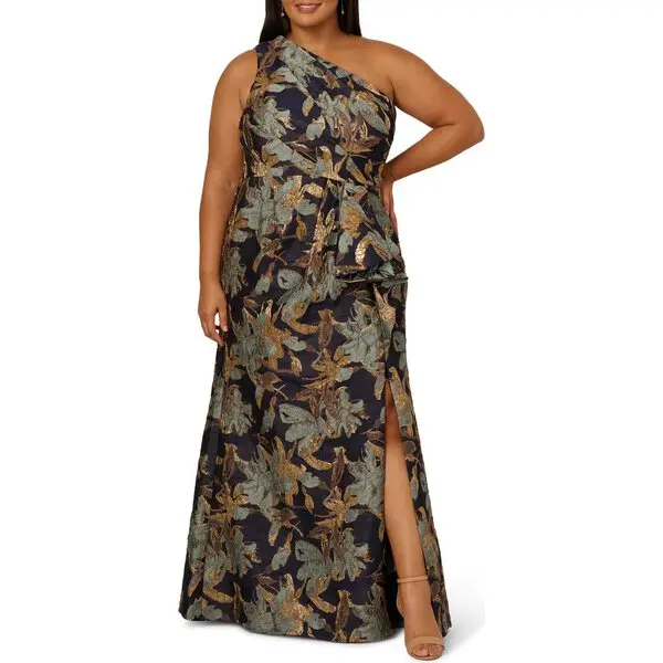 Adrianna Papell Floral Jacquard One Shoulder Mermaid Gown - Blue/Gold |  Editorialist
