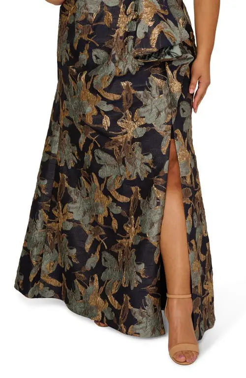 one shoulder jacquard dress in blue gold Aidan Mattox Women's Floral Jacquard Belted One-Shoulder Gown - Blue Multi