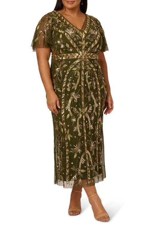 Adrianna Papell Embroidered & Beaded Evening Gown - Olive