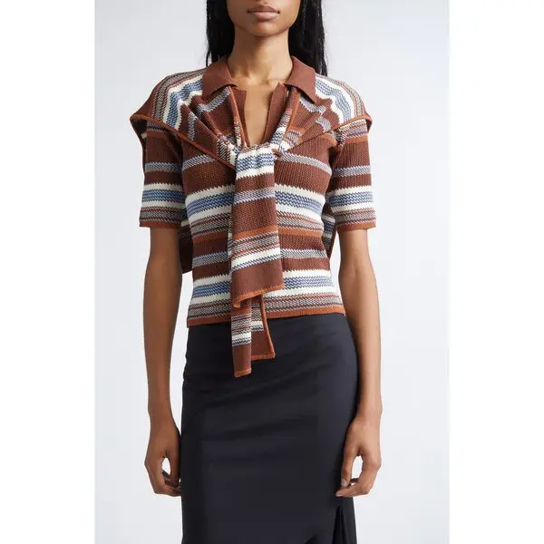 Monse Tie Scarf Overlay Stripe Short Sleeve Sweater - Brown Multi
