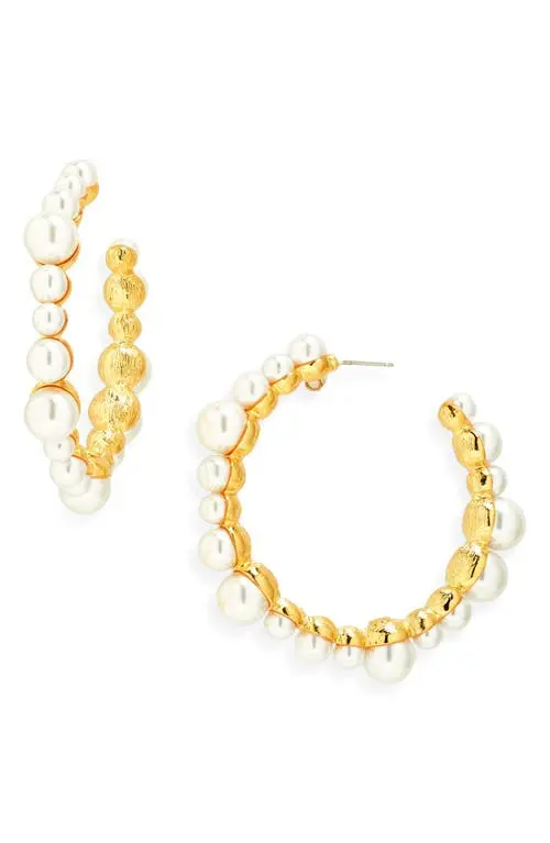 KENNETH JAY LANE Faux Pearl Embellished Hoop Earrings - Polished Gold