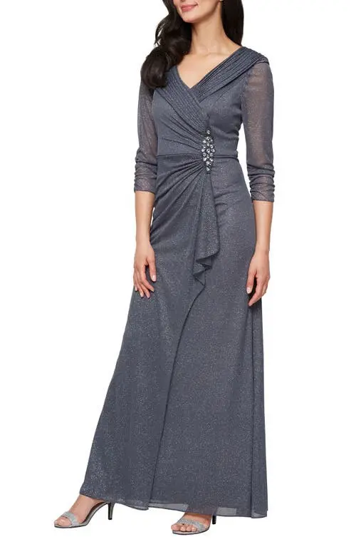 Alex Evenings Portrait Collar Glitter Gown - Smoke