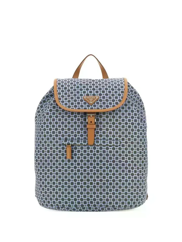 Prada Printed Backpack With Leather Trim - Blue