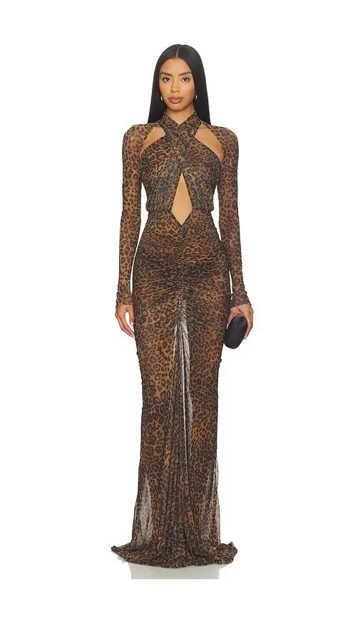 Lapointe Printed Mesh Halter Ruched Gown