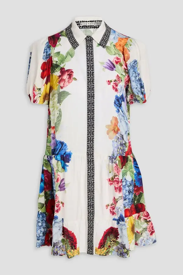 Alice + Olivia Alice Olivia Claire Floral-print Cupro-twill Mini Shirt Dress - Ivory