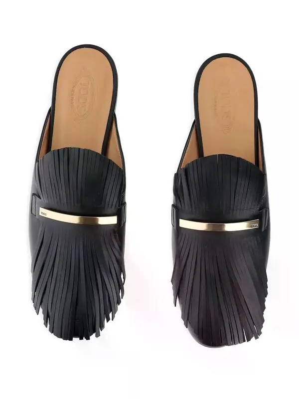 TOD'S Fringed Leather Mules - Black