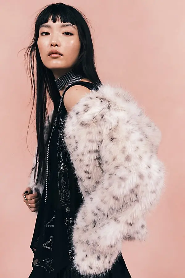 Free People Louder Please Faux Fur Hooded Jacket - Snow Leopard