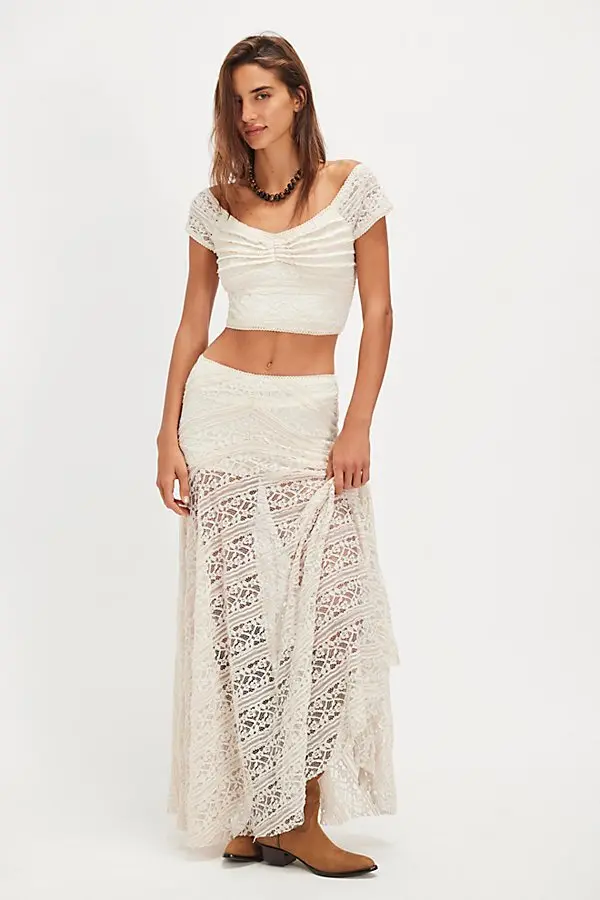 Free People Lace Top And Maxi Skirt Set - Tea