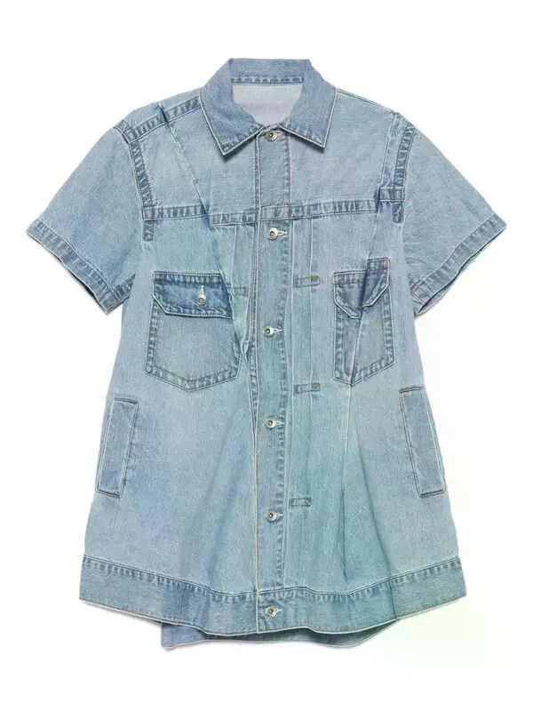 Sacai Pleated Denim Mini Shirt Dress - Blue