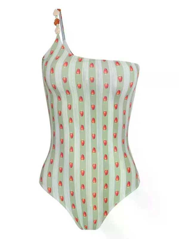 BRIGITTE Strawberry-print One-shoulder Swimsuit - Green