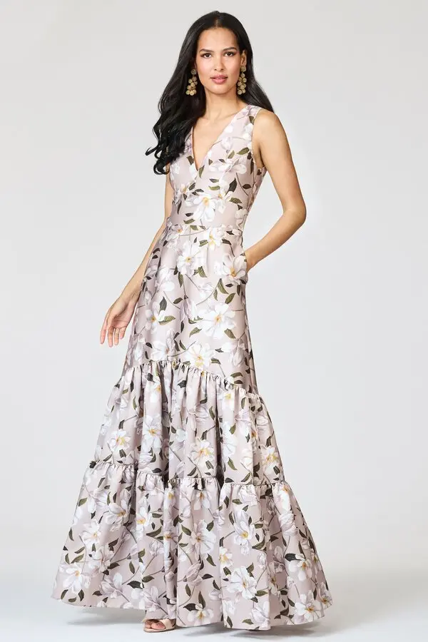 Sachin & Babi Floral Printed Tiered Gown - Misty Magnolia