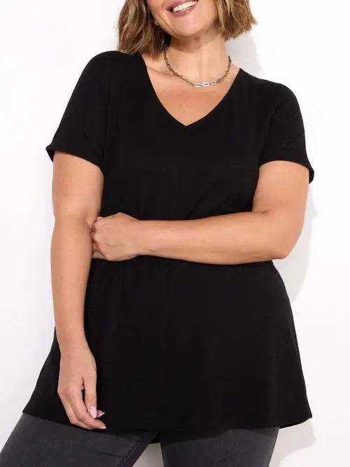 LIVE UNLIMITED Cotton Slub V-neck Longline T-shirt - Black