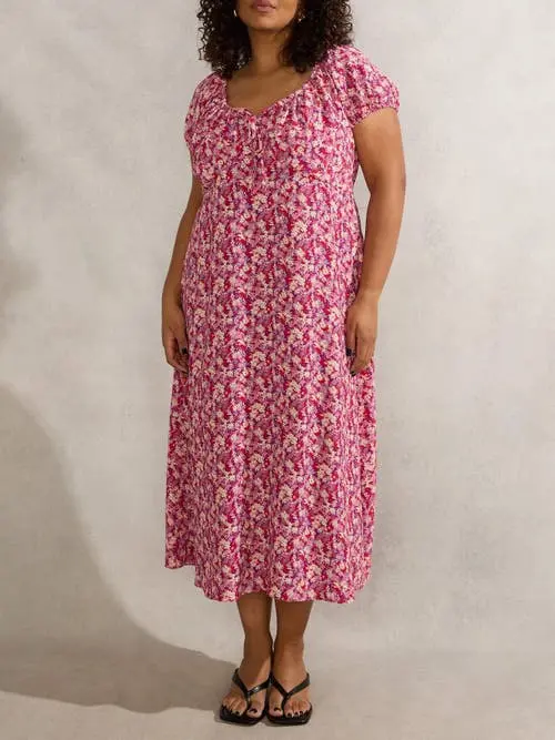 LIVE UNLIMITED Floral Gathered Neck Midi Dress - Pink
