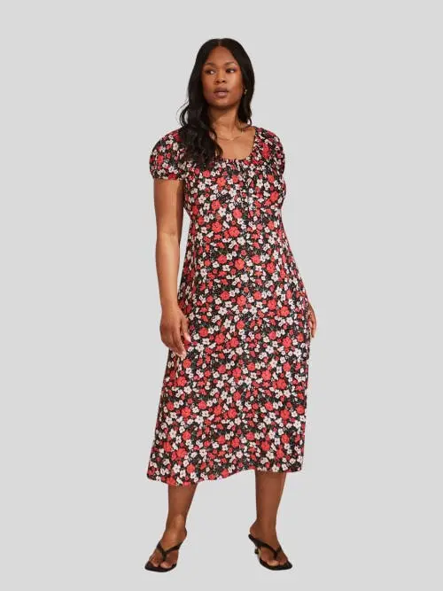 LIVE UNLIMITED Floral Gathered Neck Midi Dress - Red