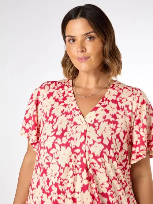 LIVE UNLIMITED Floral Print Pleat Front Top - Pink