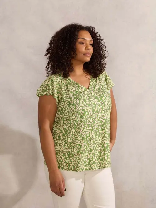 LIVE UNLIMITED Ditsy Jersey Flutter Sleeve Top - Green