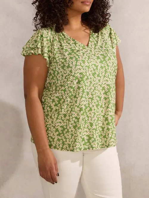 LIVE UNLIMITED Ditsy Jersey Flutter Sleeve Top - Green