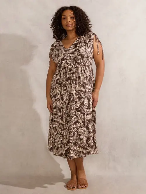 LIVE UNLIMITED Leaf Print Jersey Midi Dress With Drawstring Sleeves