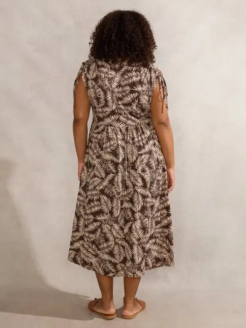 LIVE UNLIMITED Leaf Print Jersey Midi Dress With Drawstring Sleeves