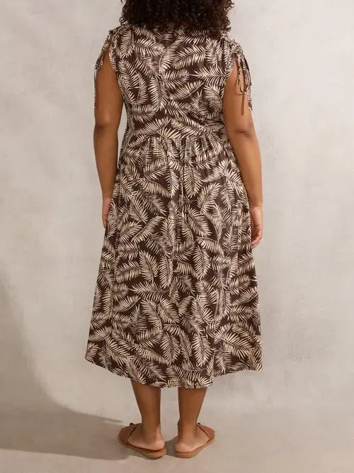LIVE UNLIMITED Leaf Print Jersey Midi Dress With Drawstring Sleeves