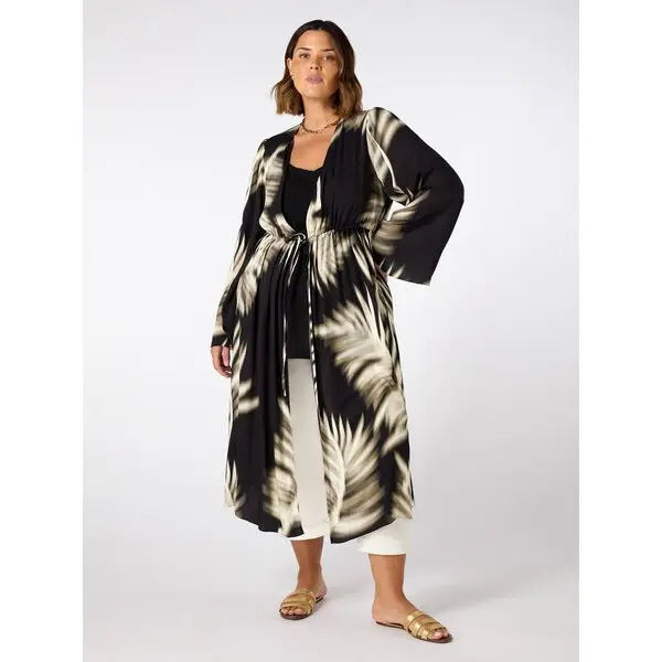 LIVE UNLIMITED Leaf Print Drawstring Kimono - Mono