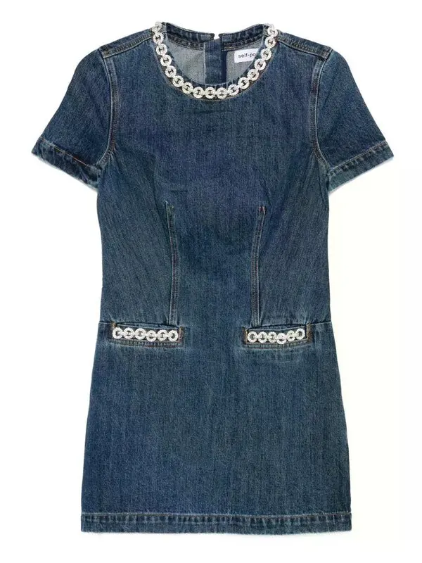SELF-PORTRAIT Embellished-pocket Denim Mini Dress - Blue