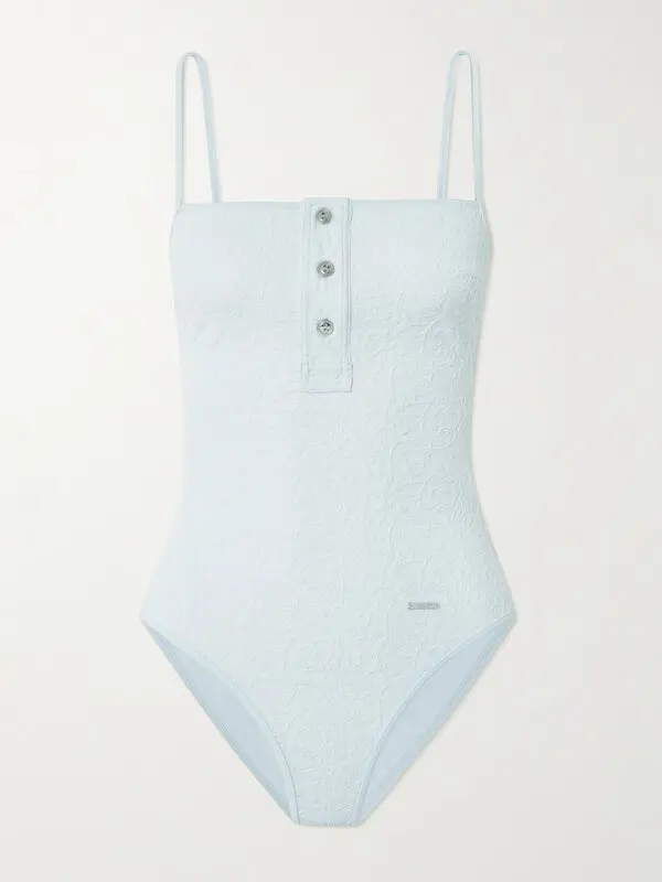 Bottega Veneta Floral Cloqué Swimsuit With Button Details - Blue