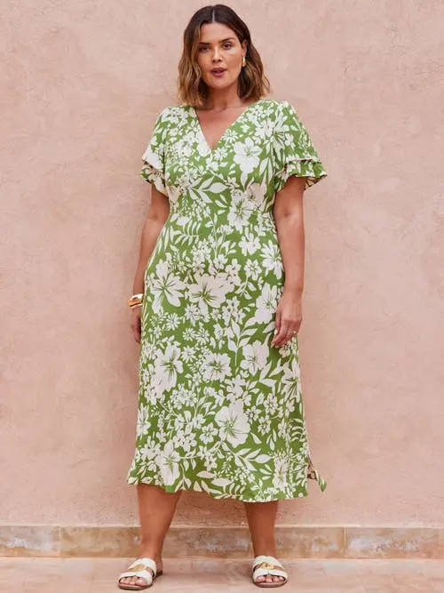 LIVE UNLIMITED Flutter Sleeve Floral Print Dress - Green