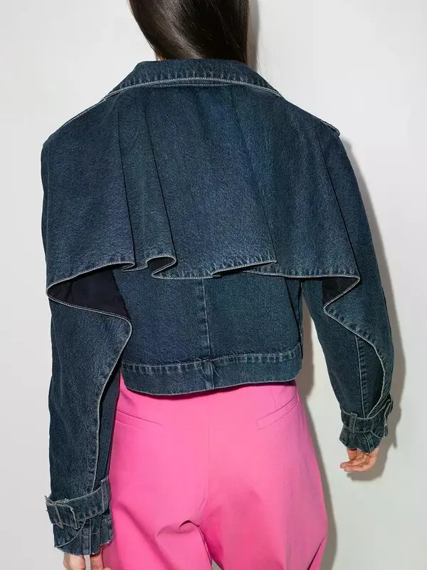 ROTATE BY BIRGER CHRISTENSEN Cropped Denim Jacket With Ruffle Detailing