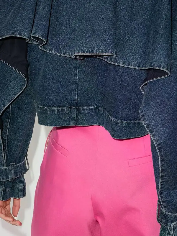 ROTATE BY BIRGER CHRISTENSEN Cropped Denim Jacket With Ruffle Detailing