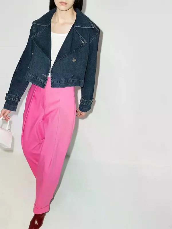 ROTATE BY BIRGER CHRISTENSEN Cropped Denim Jacket With Ruffle Detailing