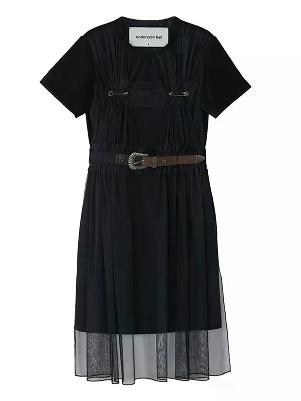 Andersson Bell Mesh Belted Midi Dress - Black