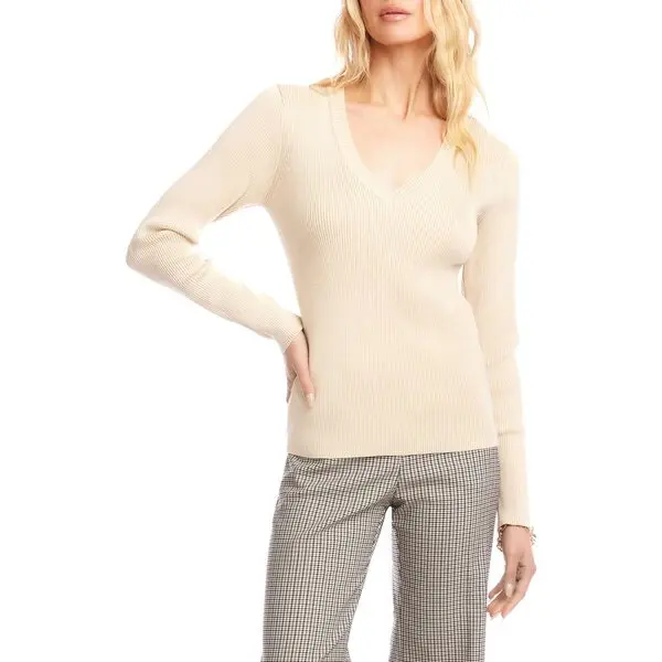 Karen Kane Ribbed V-neck Sweater - Antique Cream Beige