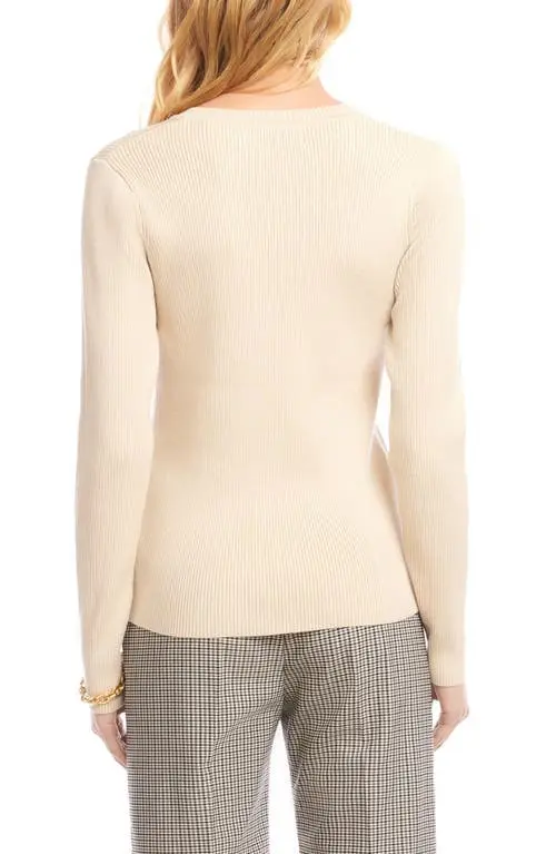 Karen Kane Ribbed V-neck Sweater - Antique Cream Beige