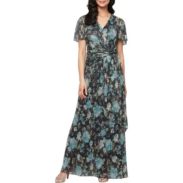 SL FASHIONS Knot Front Flutter Sleeve Gown - Navy Multi