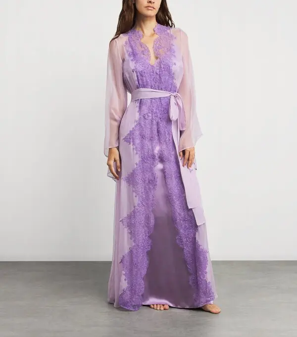 Rosamosario Silk Embellished Long Robe - Purple