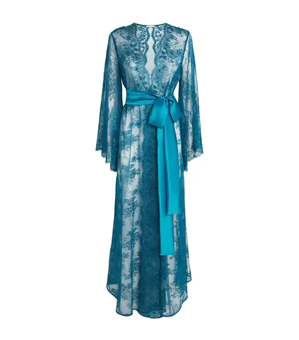 Rosamosario Silk Embellished Long Robe - Blue