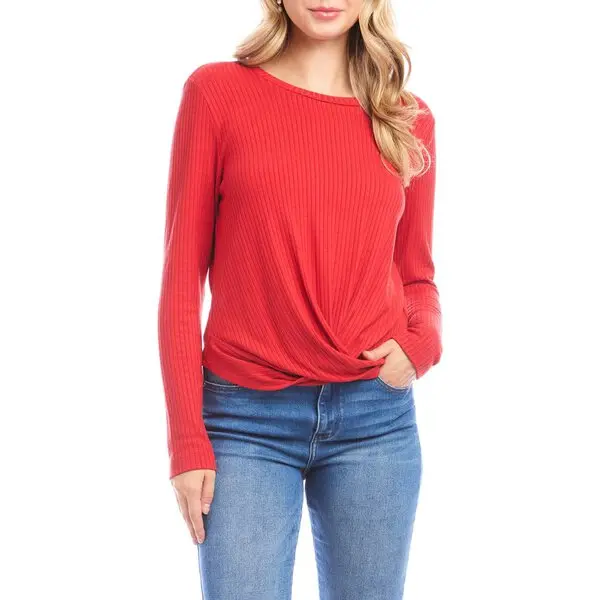 Karen Kane Rib Knit Twist Hem Top - Tomato Red