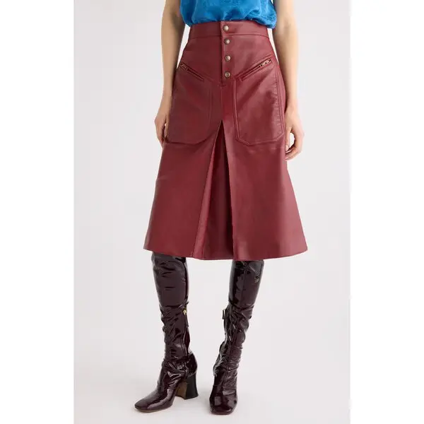 Chloé Inverted Pleat Lambskin Leather Knee-length Skirt - Dark Ruby
