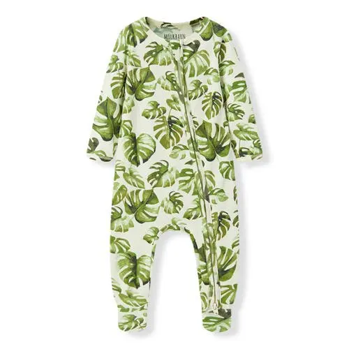 MILKBARN Cotton Stretch Zipper Footed Romper - Island Leaf
