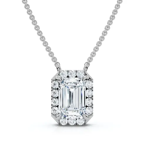 BLISS DIAMOND 3/4ct Emerald Cut Lab Grown Diamond Halo Pendant Necklace - White Gold