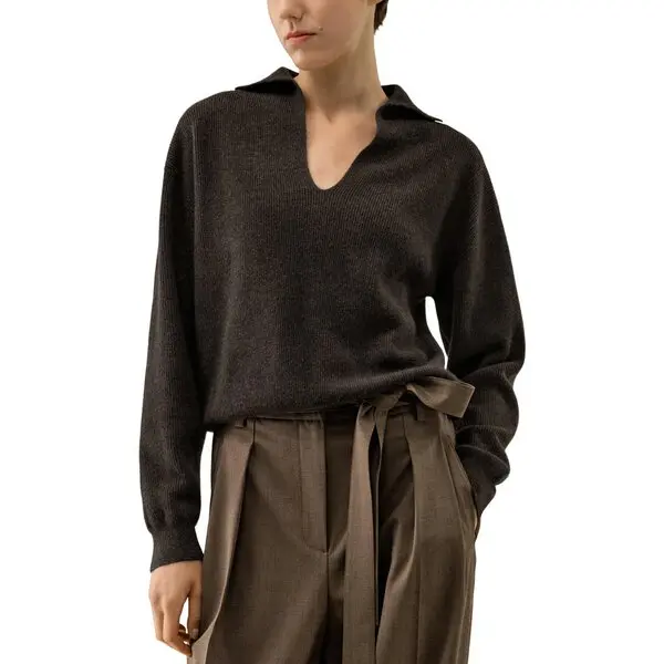 Lilysilk Ribbed Cashmere Polo Sweater - Thunder