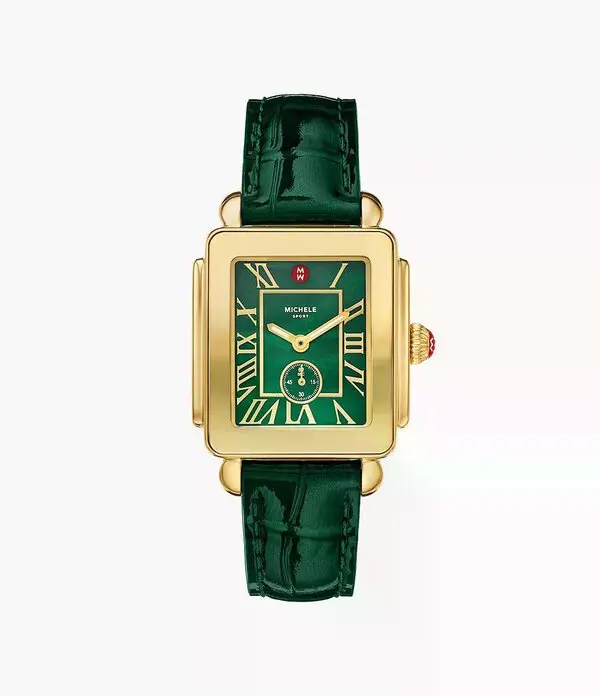 Michele Deco Sport Mid Gold-plated Leather Watch - Green