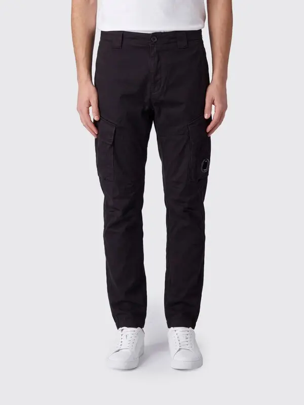 C.P. COMPANY Slim Fit Stretch Cotton Cargo Trousers With Applied Logo - Black
