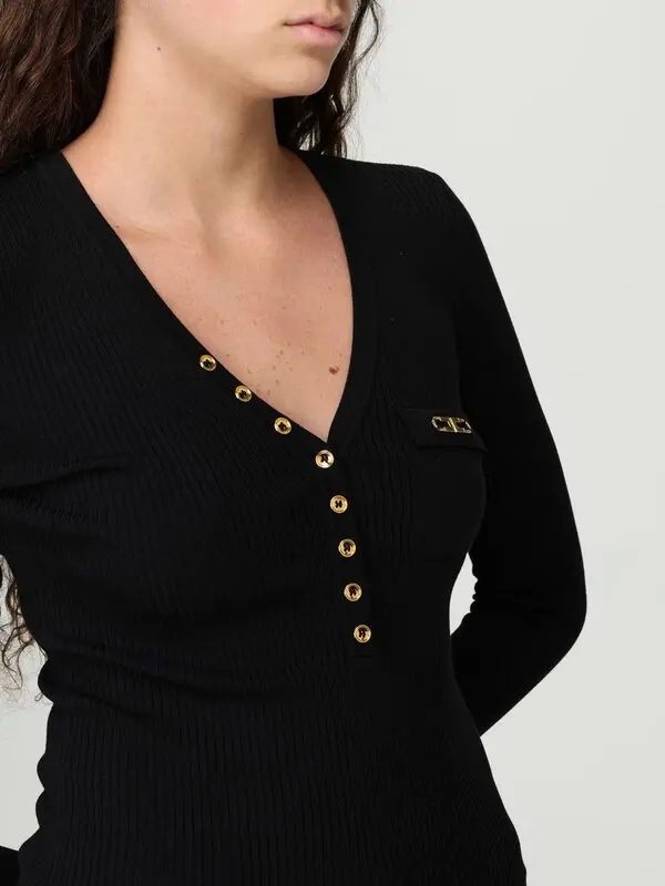 Elisabetta Franchi Ribbed V-neck Long Sleeve Sweater With Pocket Detail - Black
