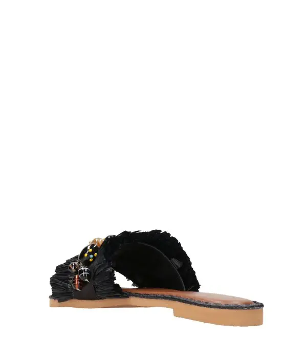 DE SIENA Open Toe Raffia Embellished Slides - Black