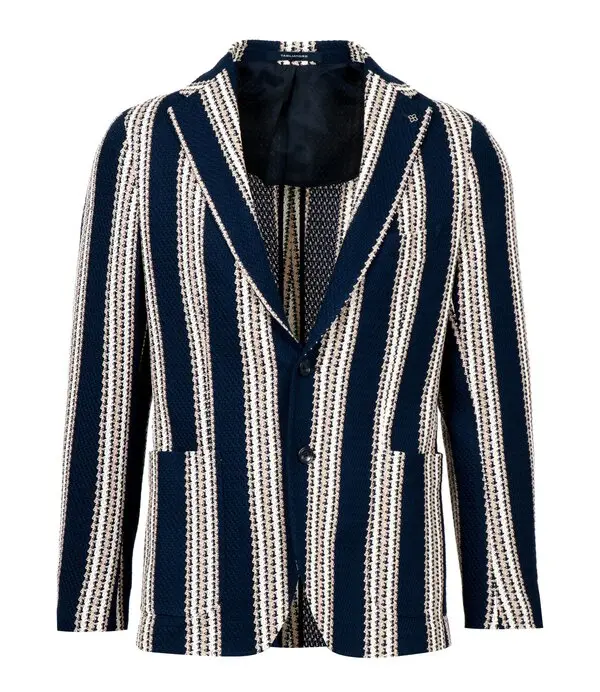 Tagliatore Textured Cotton Striped Blazer - Blu+beige
