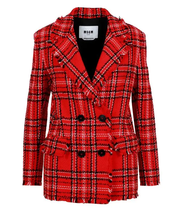 MSGM Cotton Tweed Tartan Double-breasted Blazer
