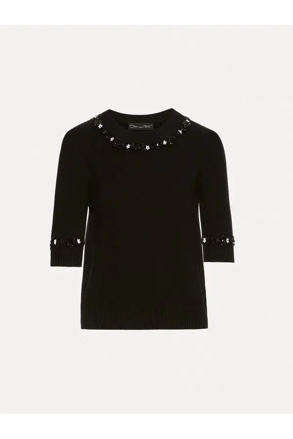 Oscar De La Renta Sequin Floret Trim Pullover